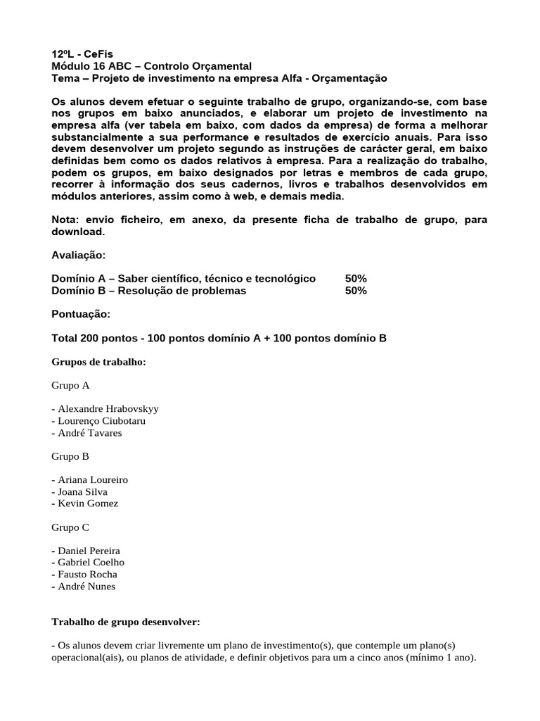 Ficha Trab2 Mód16 12ºL CeFis | PDF | Investimentos