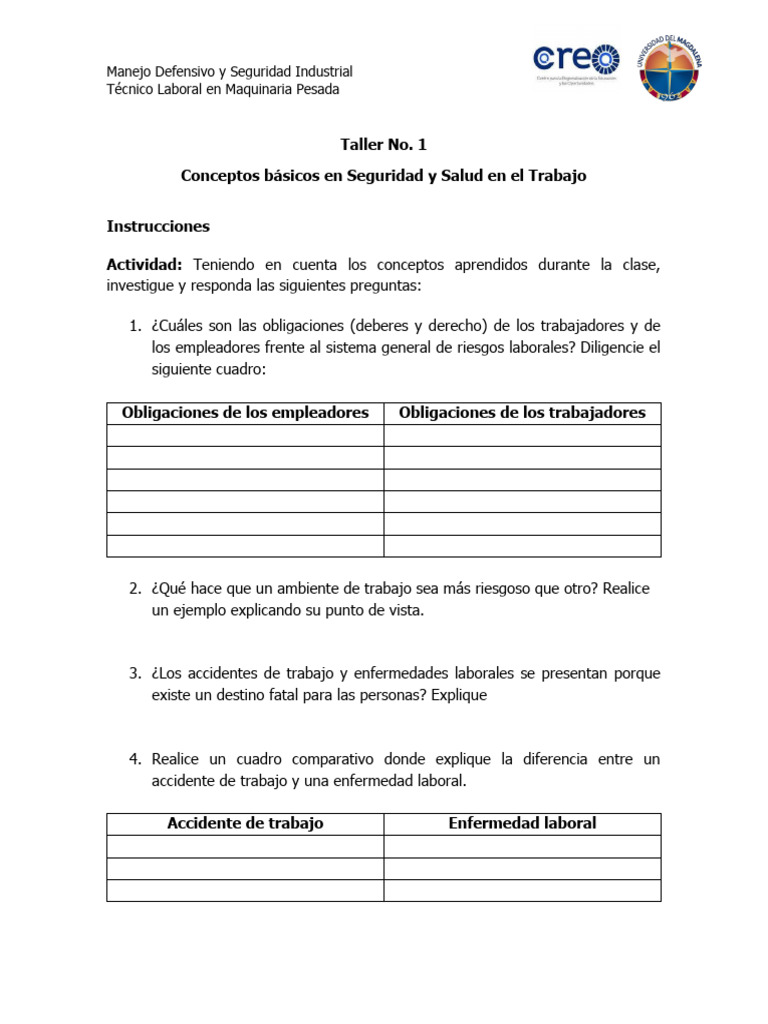 Taller No 1. Conceptos Básicos en SST | PDF