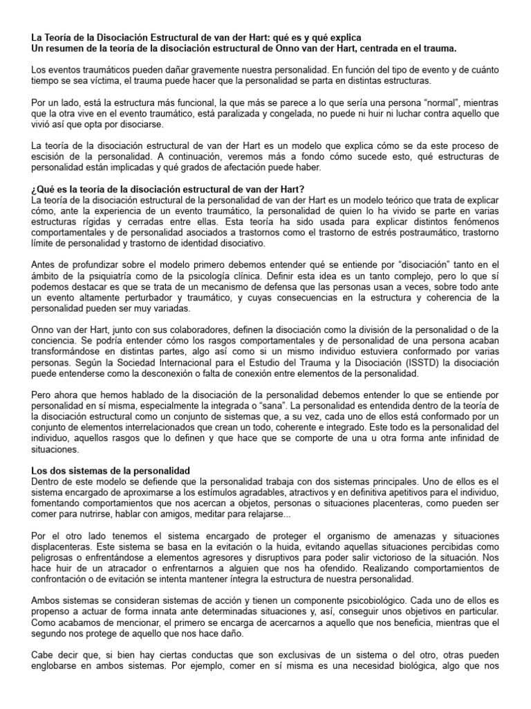 La Teoría de La Disociación Estructural de Van Der Hart | PDF ...