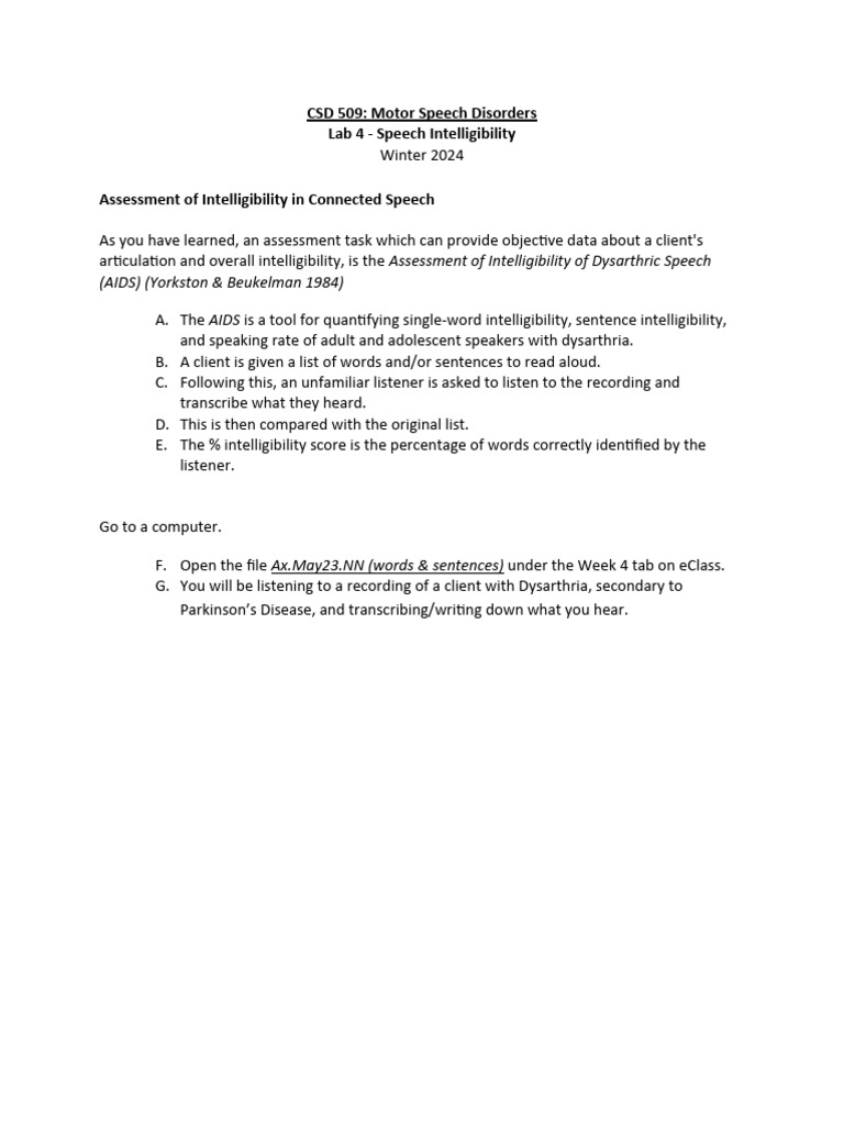 Lab 4 - Speech Intelligibility (AIDS) - STUDENT HANDOUT | PDF ...