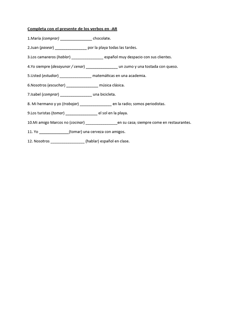 Ejercicios Presente Verbos Regulares en - Ar | PDF
