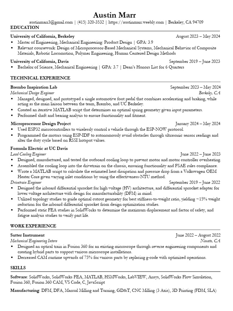 Austin Marr Resume | PDF | Mechanical Engineering | Engineering