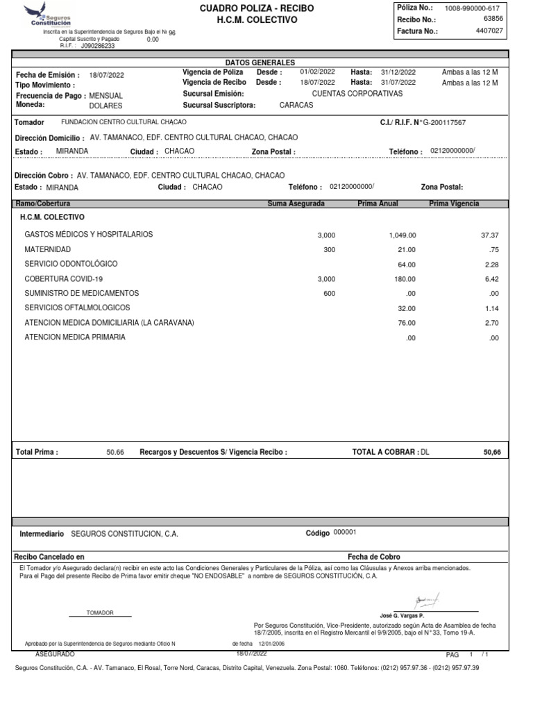 Recibo Alta HCM 1807 | PDF | Póliza de seguros | Derecho empresarial