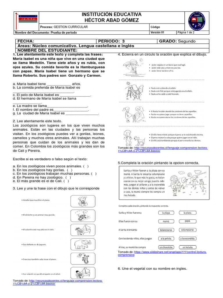 Prueba de Lectura Segundo Grado | PDF