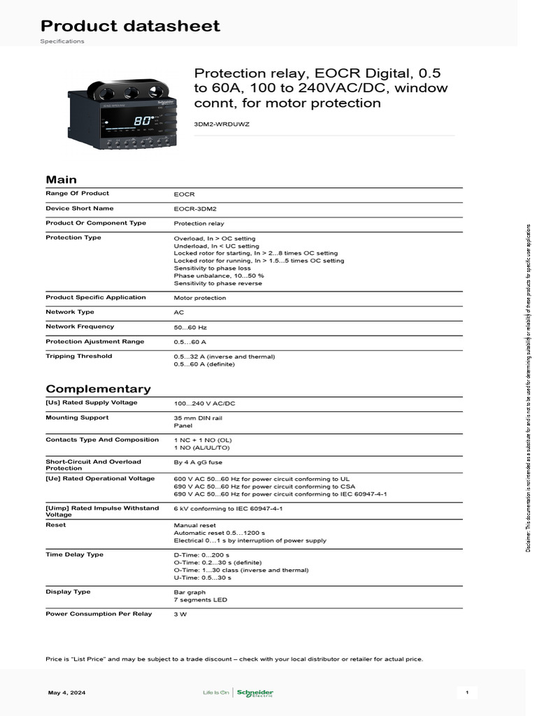 Schneider Electric - EOCR - 3DM2-WRDUWZ | PDF | Relay | Alternating Current