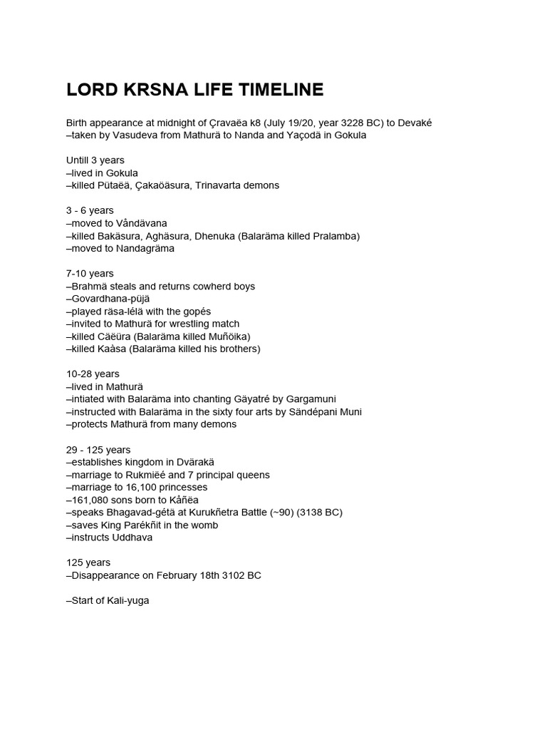 Lord Krishna Life Timeline Overview | PDF