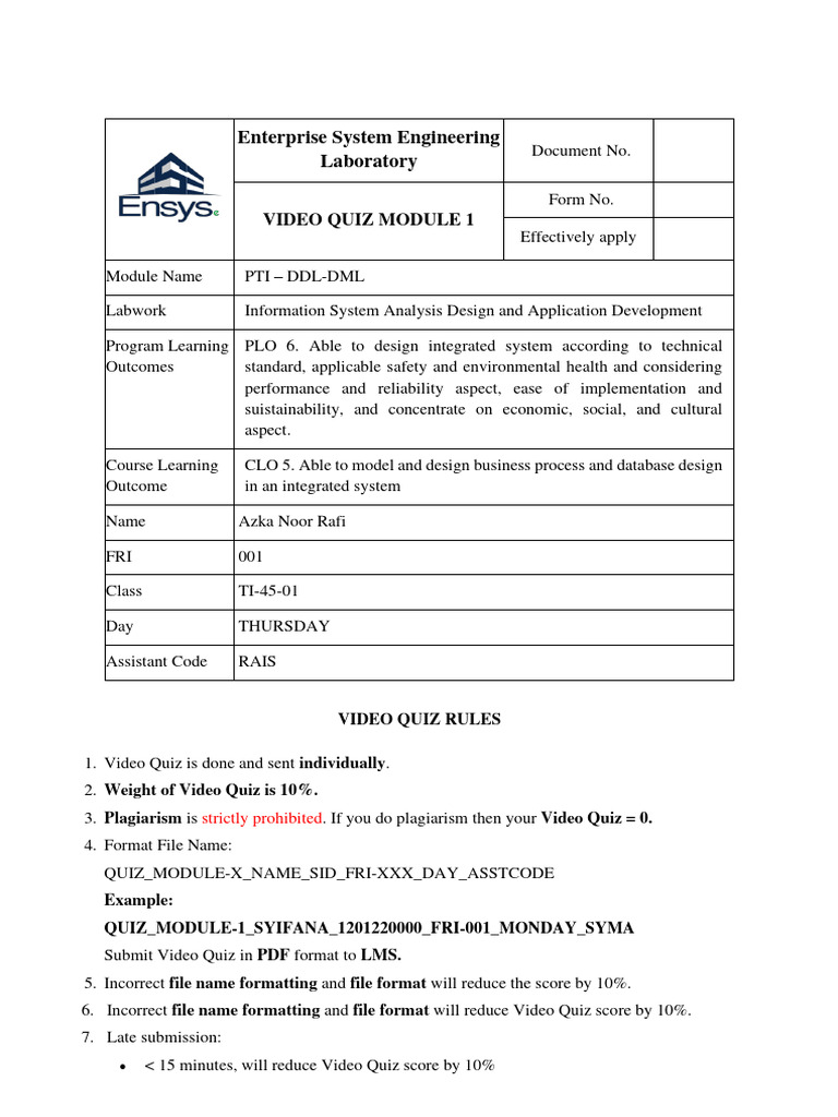 Quiz - Module-1 - Azka Noor Rafi - 1201213208 - Fri-001 - Thursday ...