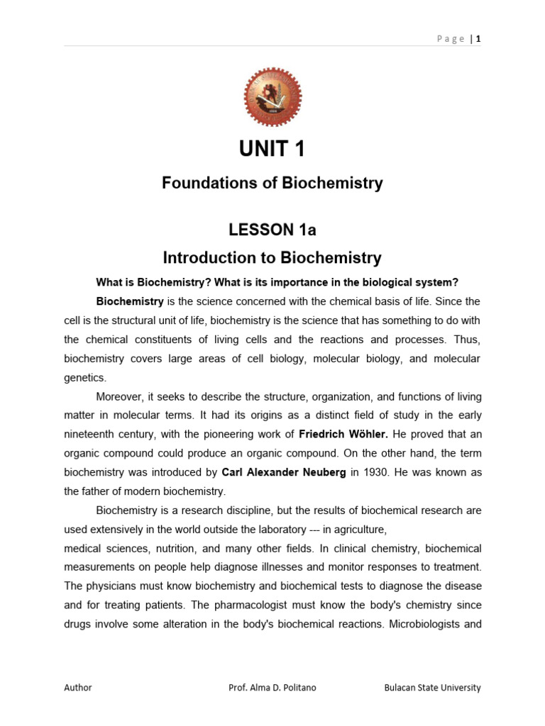 BSN Lecture Note 1a Intro To Biochemistry | PDF | Biochemistry | Chemistry