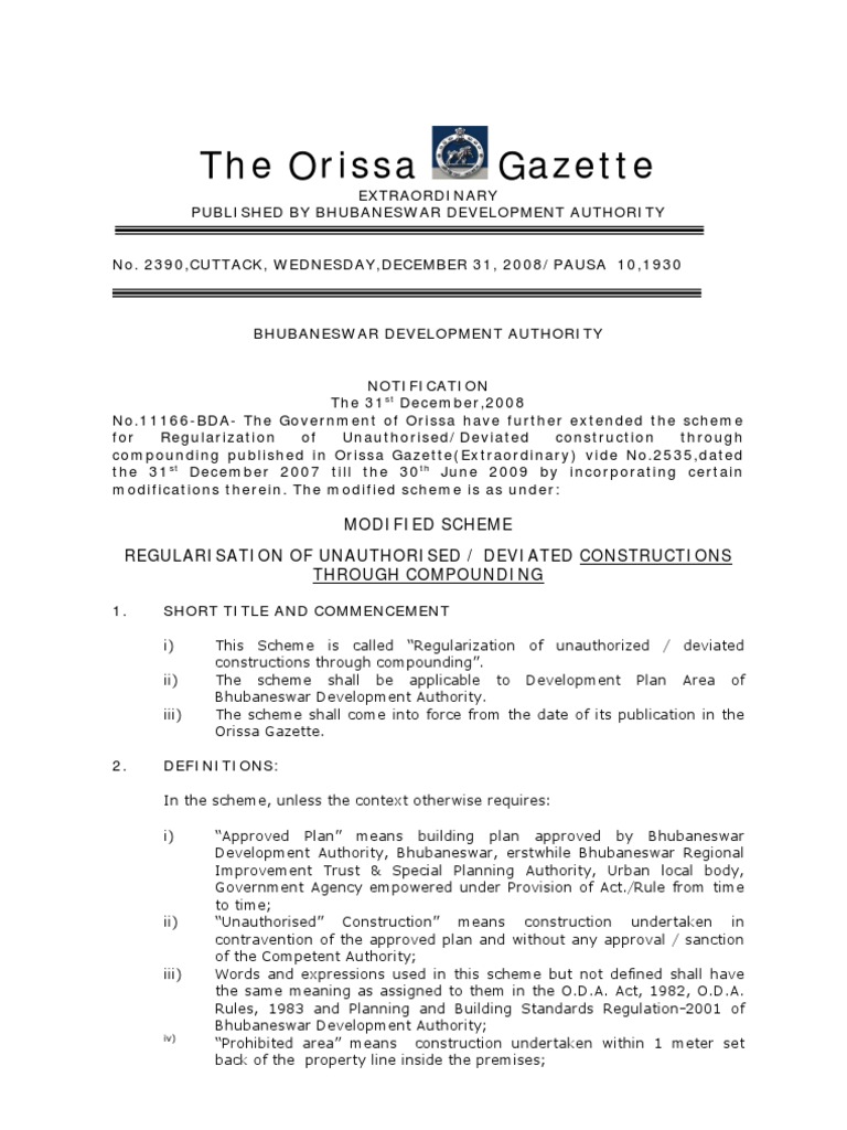 The Orissa Gazette: Modified Scheme Regularisation of Unauthorised / Deviated Constructions ...