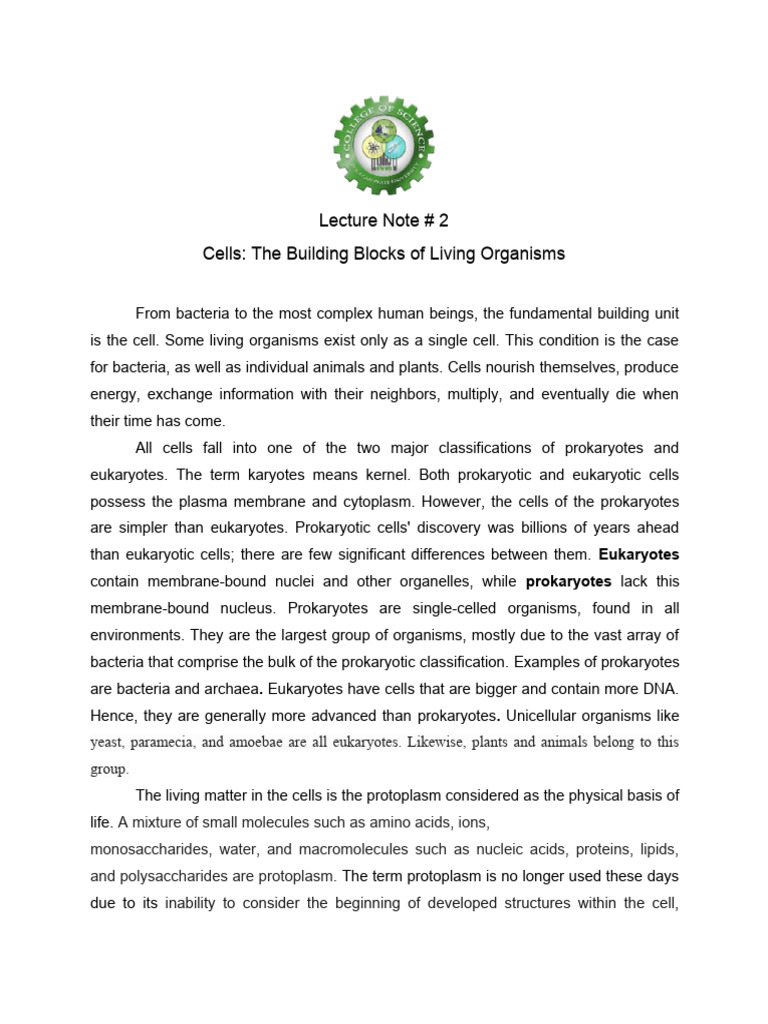 BSN Lecture Note 2 The Cells | PDF | Cell (Biology) | Cytoplasm