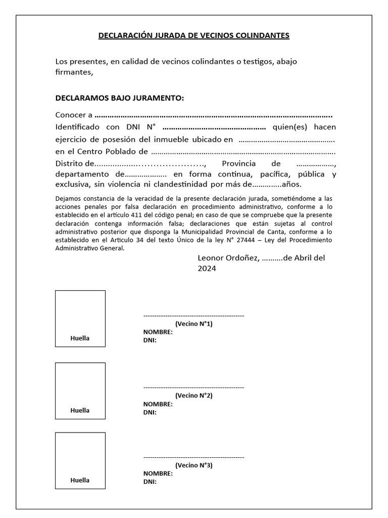 Declaracion Jurada de Colindantes | PDF