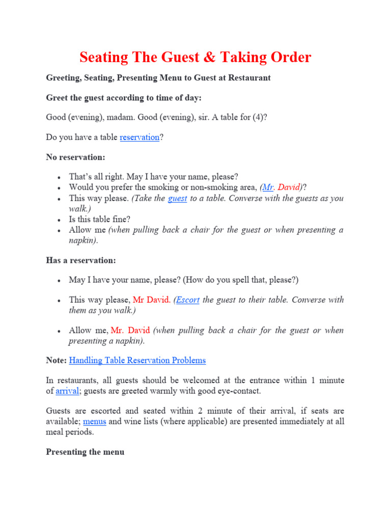 Guest Seating and Order Taking Guide | PDF | Menu | Waiting Staff