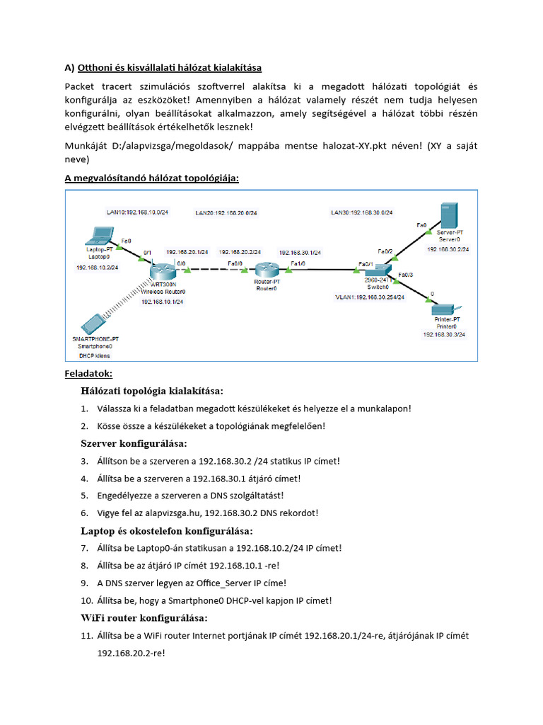 Alapvizsga - Hálózati Feladat - 2023 - Jan - Feladatlap | PDF