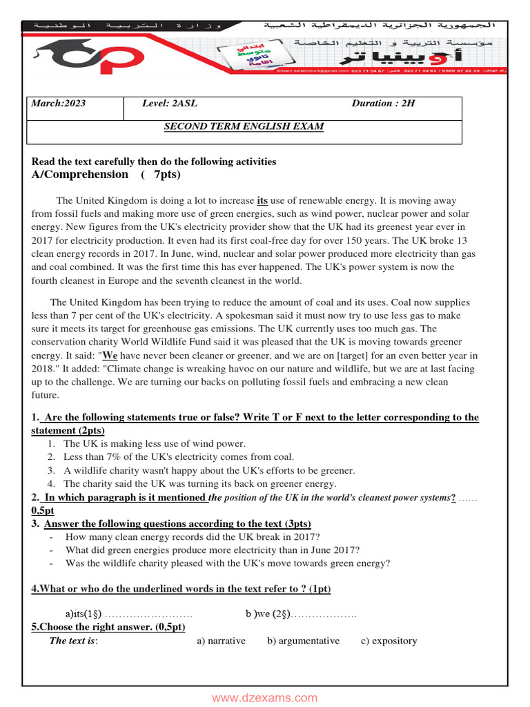 Dzexams 2as Anglais 500855 | PDF | Renewable Energy | Pollution