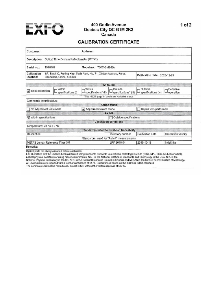 Certificado Calibración Exfo 23 | PDF