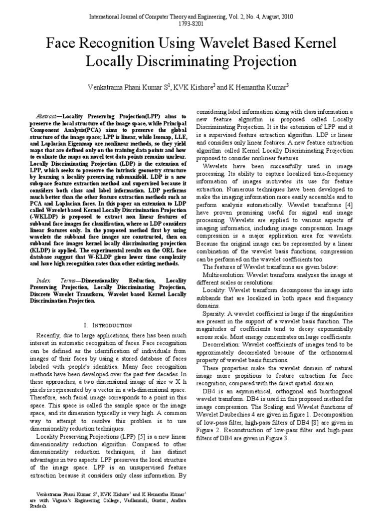 Face Recognition Using Wavelet Based Kernel Locally Discriminating Projection | PDF | Wavelet ...