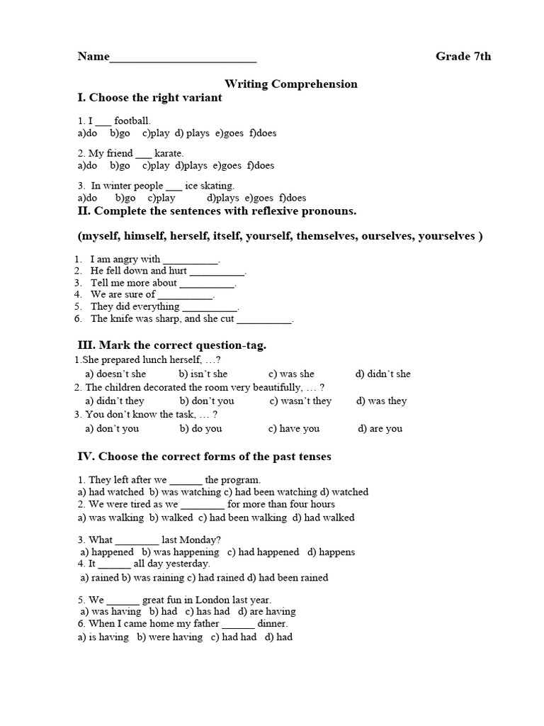 Grade 7 Writing Comprehension Exercises | PDF
