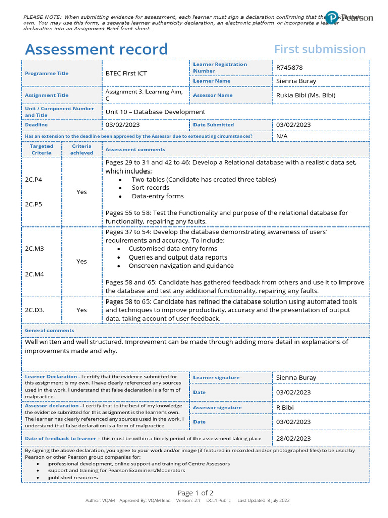 A3 BTEC Assessment Record Template 23 SB | PDF | Databases ...
