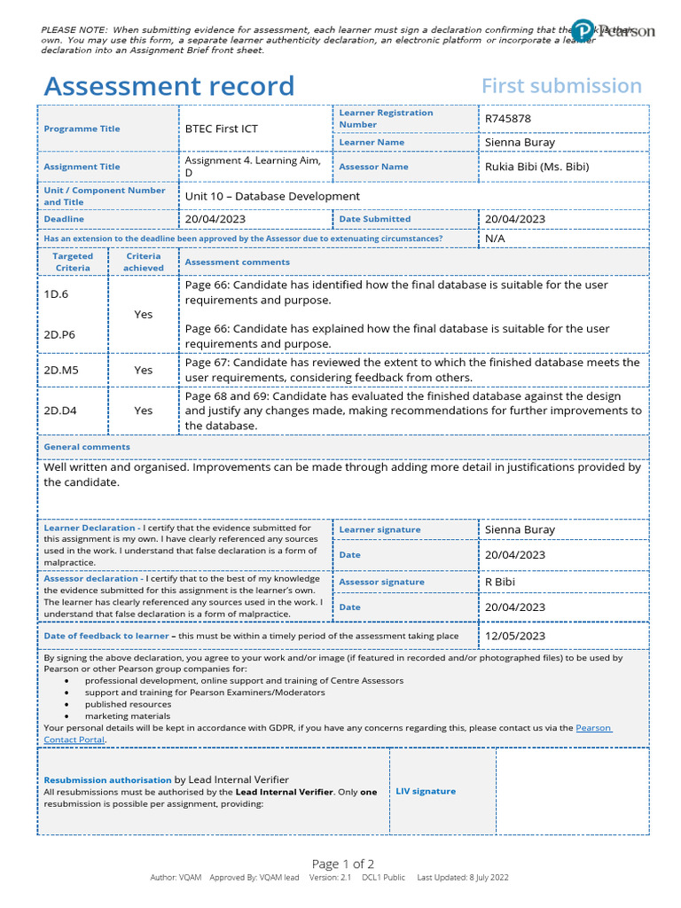 BTEC Assessment Record Template | PDF | Career & Growth