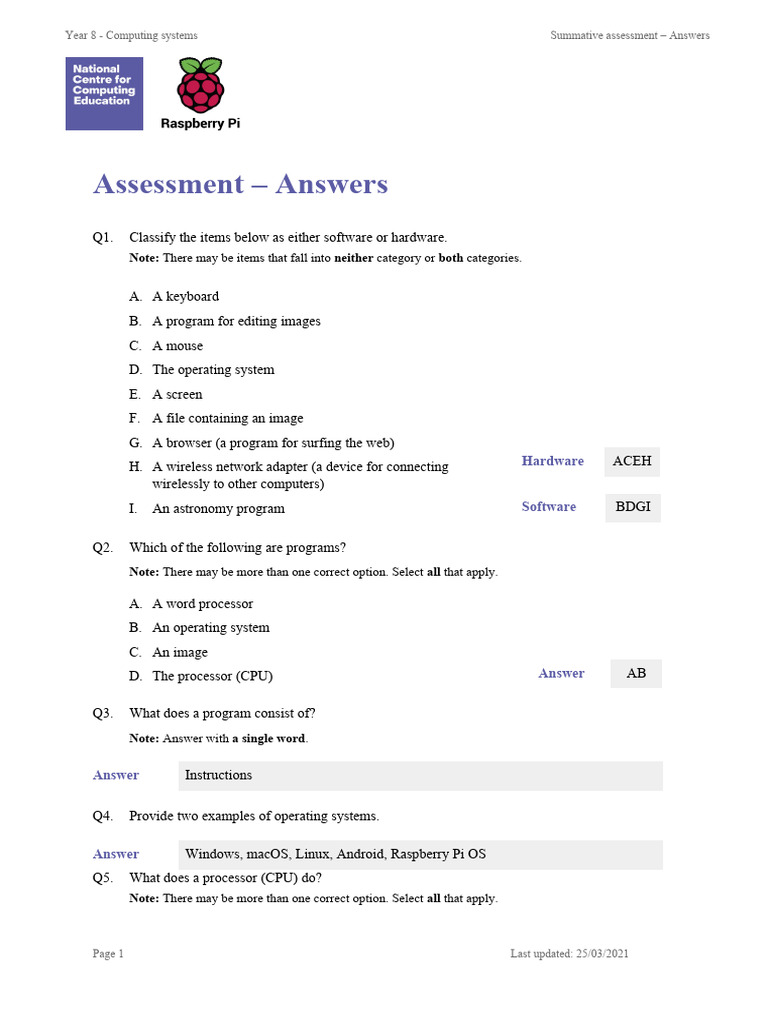 Summative Assessment Answers Computing Systems Y8 Pdf Computer Data Storage Operating 