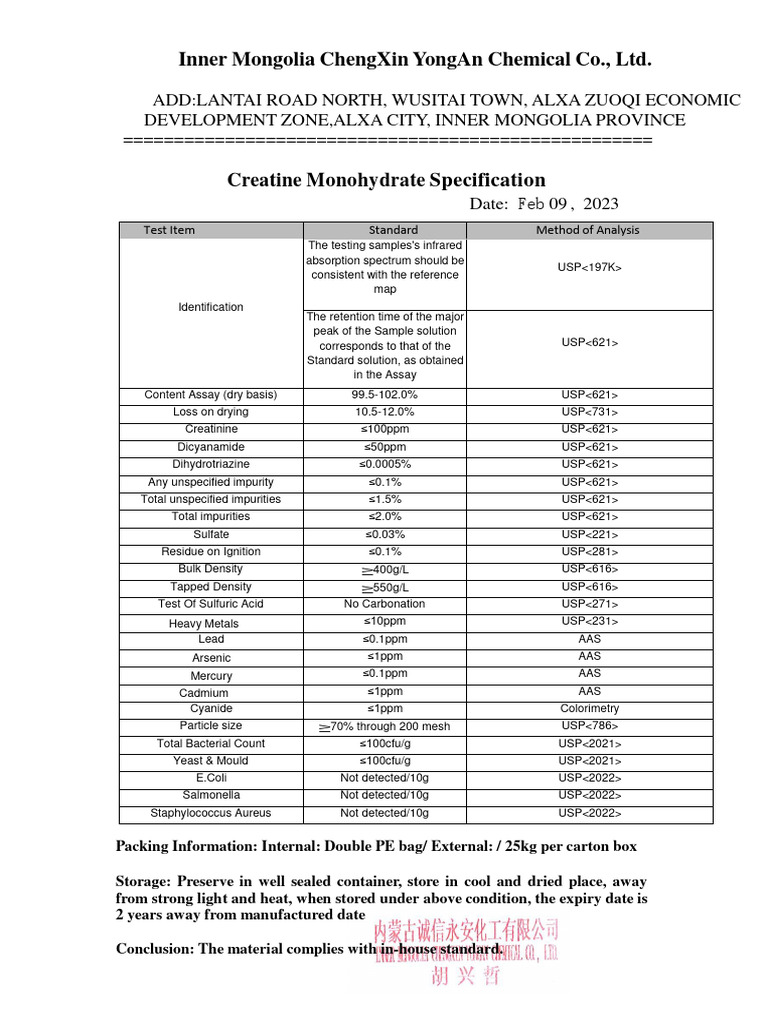 Creatine Monohydrate Specifications | PDF | Physical Sciences ...