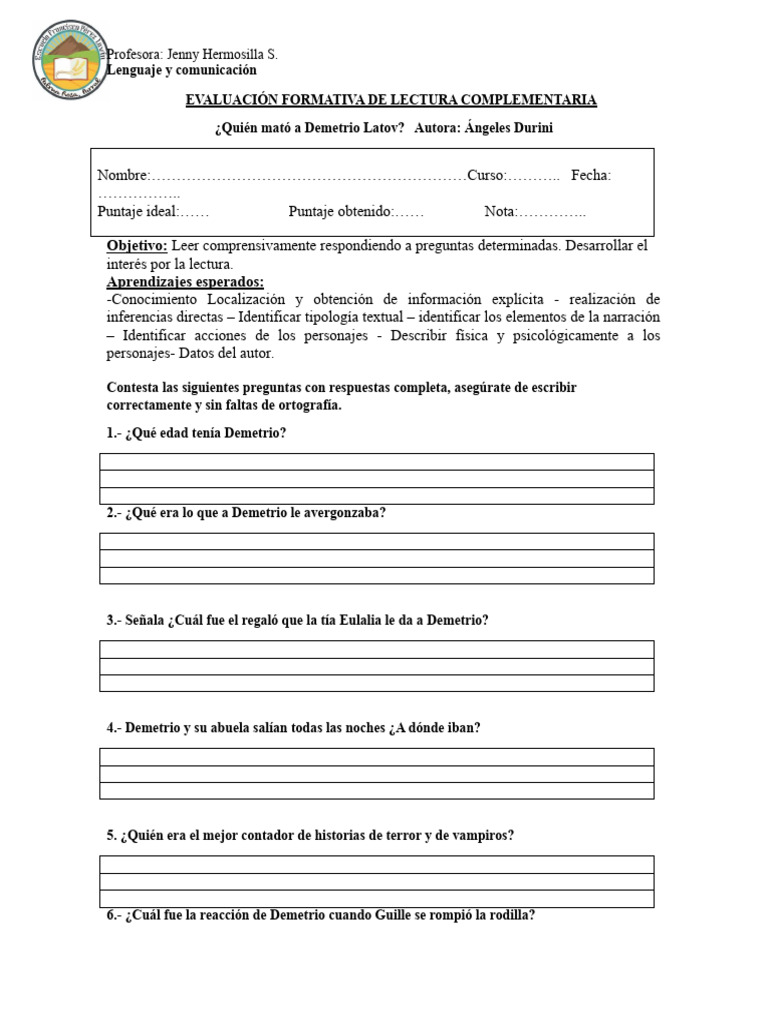 EVALUACIÓN FORMATIVA DE LECTURA COMPLEMENTARIA | PDF