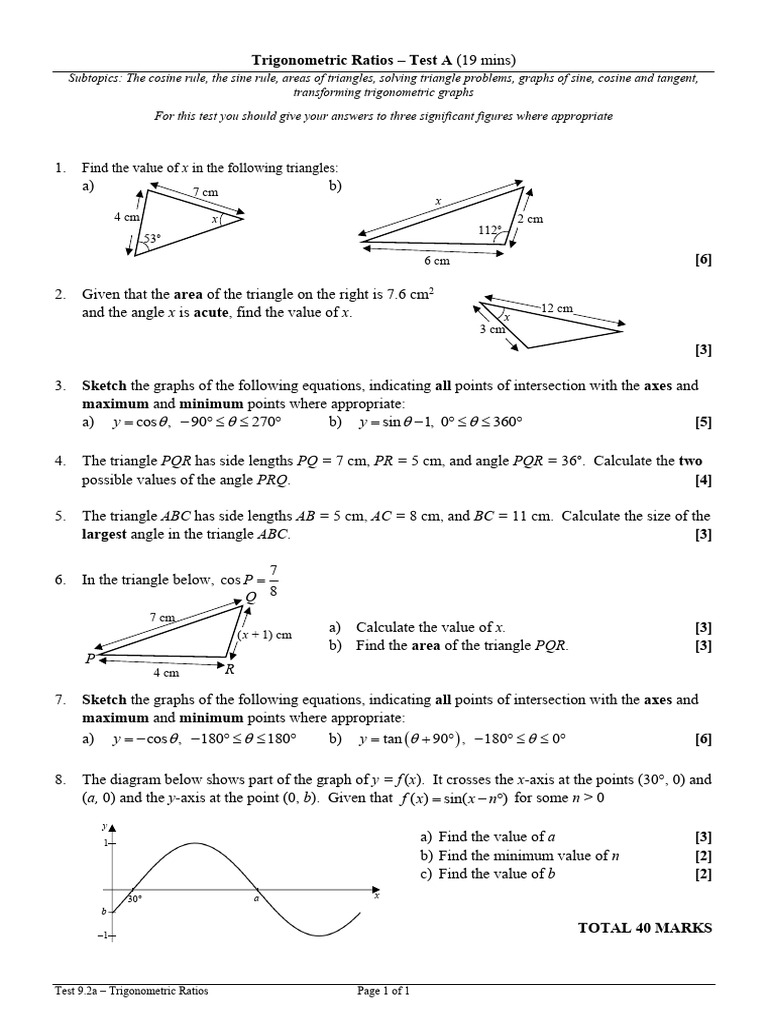 Test 9.2a - Trigonometric Ratios | PDF | Trigonometric Functions | Triangle