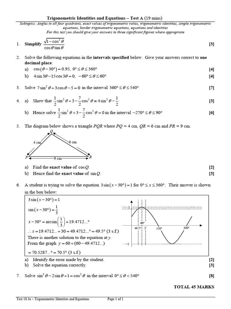 Test 10.3a – Trigonometric Identities and Equations | Download Free PDF ...