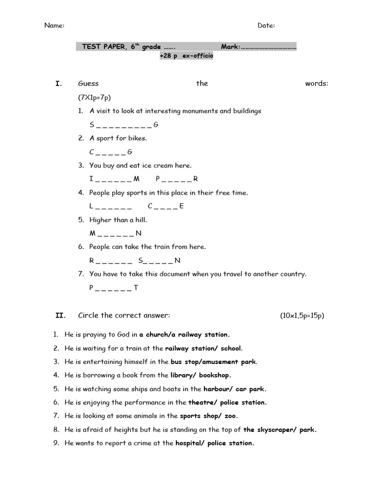 6th Grade English Test Paper | PDF | Art