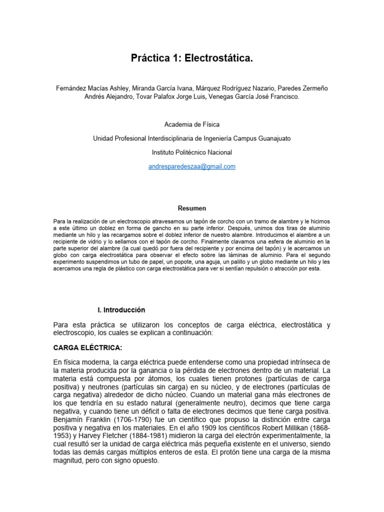Práctica 1 ELECTRICIDAD Y MAGNETISMO | PDF | Electrostática | Carga eléctrica