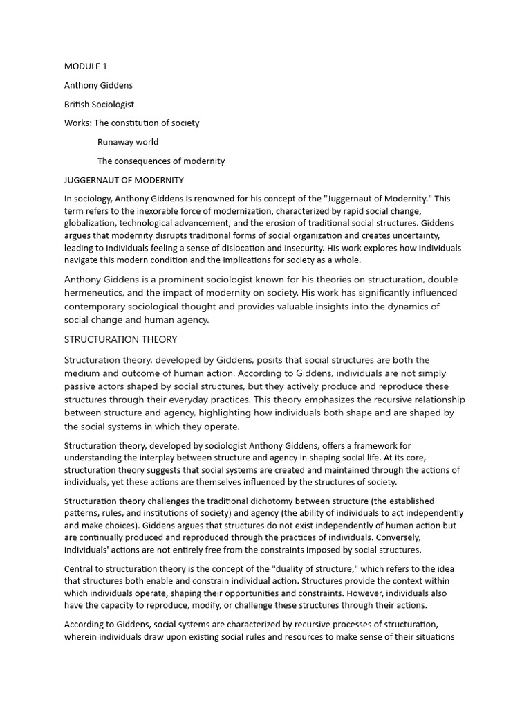 Anthony Giddens mod 1 | PDF | Sociology | Reflexivity (Social Theory)