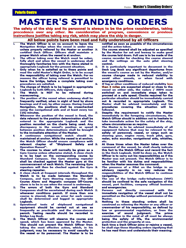 Master’s Standing Orders for Safety | PDF | Navigation | Compass