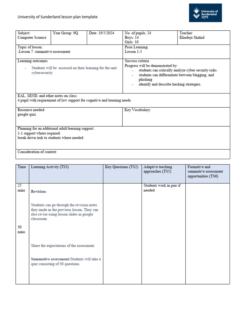 Year9Q - Summative Assessment - LessonPlan | PDF | Educational ...