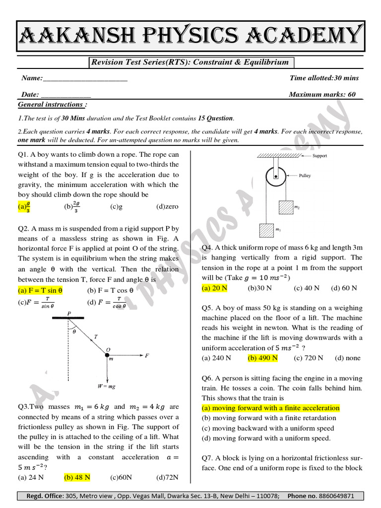 NLM-Constraint+ Equilibrium - Keys | PDF | Tension (Physics) | Force