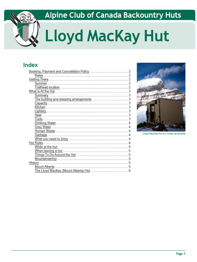Lloyd MacKay Hut Guide and Policies | PDF | Mountaineering