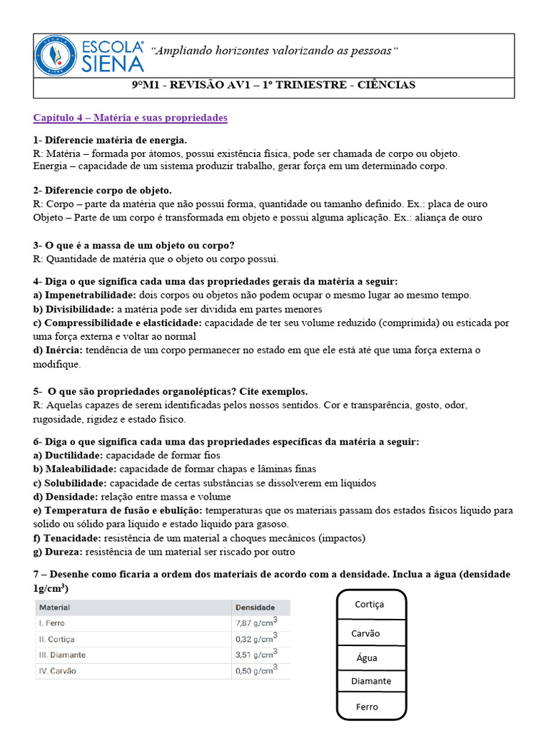 Revisão AV1 - Cap. 4 - 9° Ano - AV1 | PDF | Matéria | Densidade