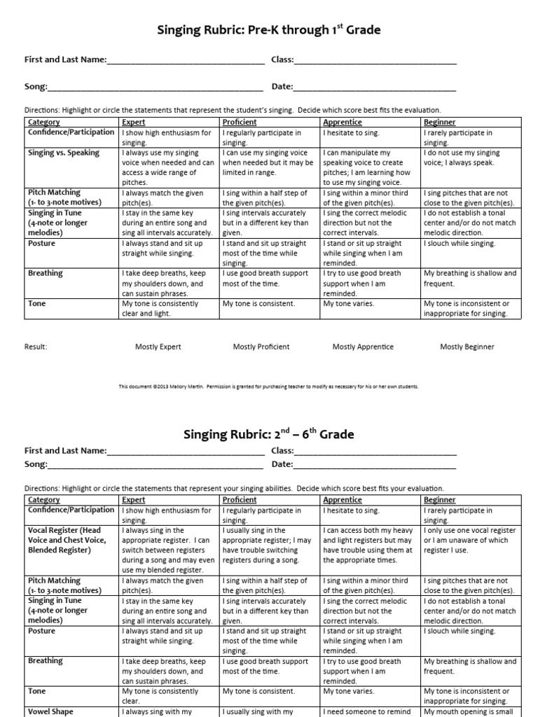 Singing Rubric: Pre-K Through 1 Grade | PDF | Singing | Tone (Linguistics)