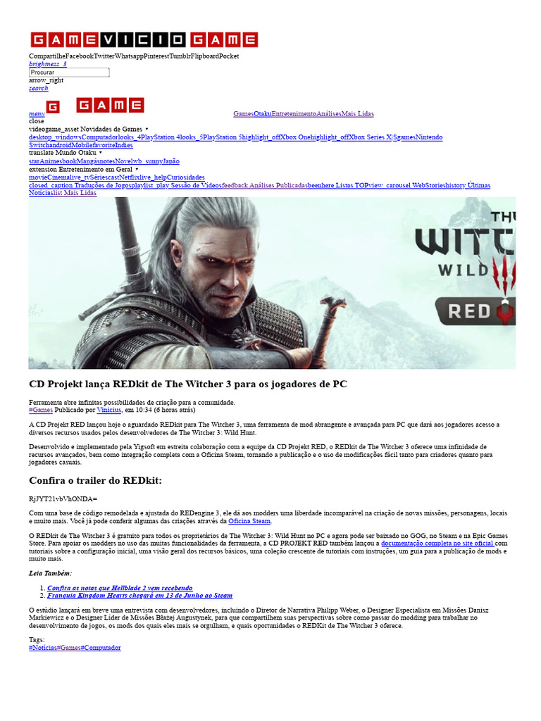 REDkit de The Witcher 3 é lançado para PC | PDF | Videogames | Xbox