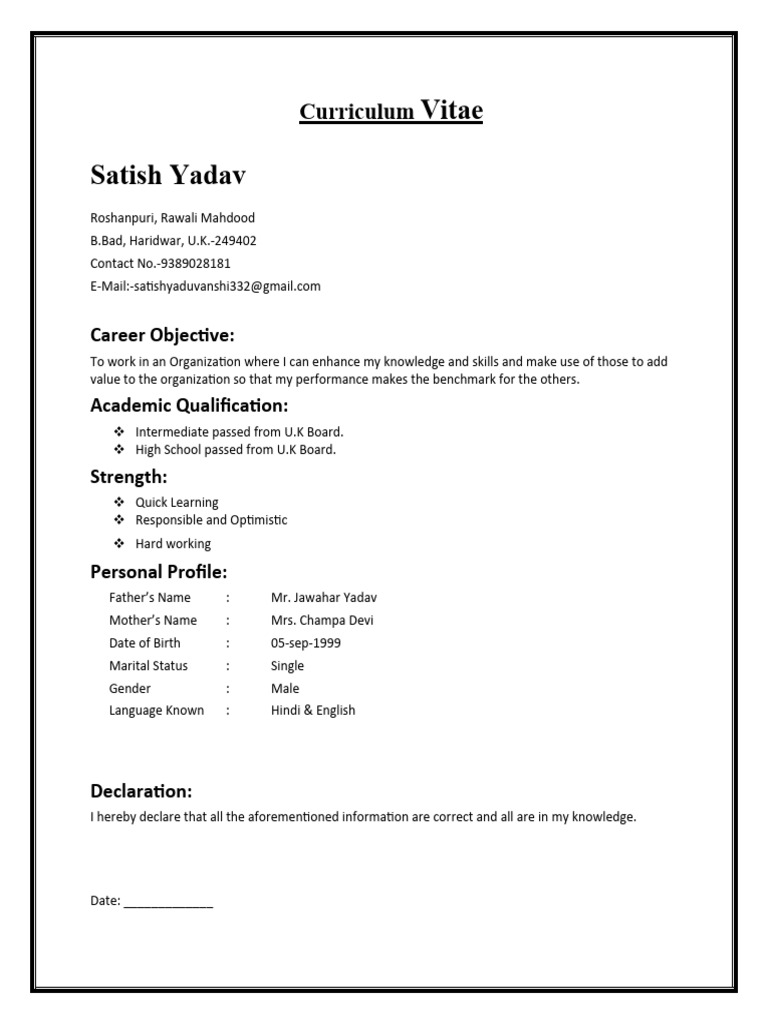 Curriculum Vitae of Satish Yadav | PDF | Career & Growth | Self-Improvement