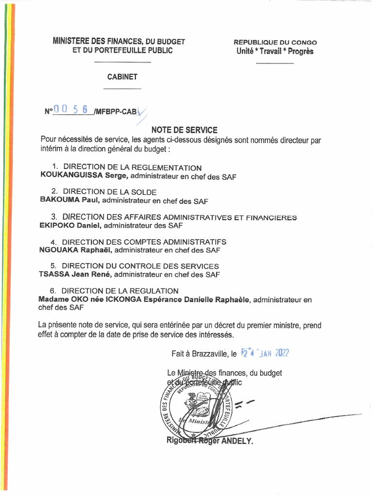 Note de service Directeurs centraux DGB | PDF