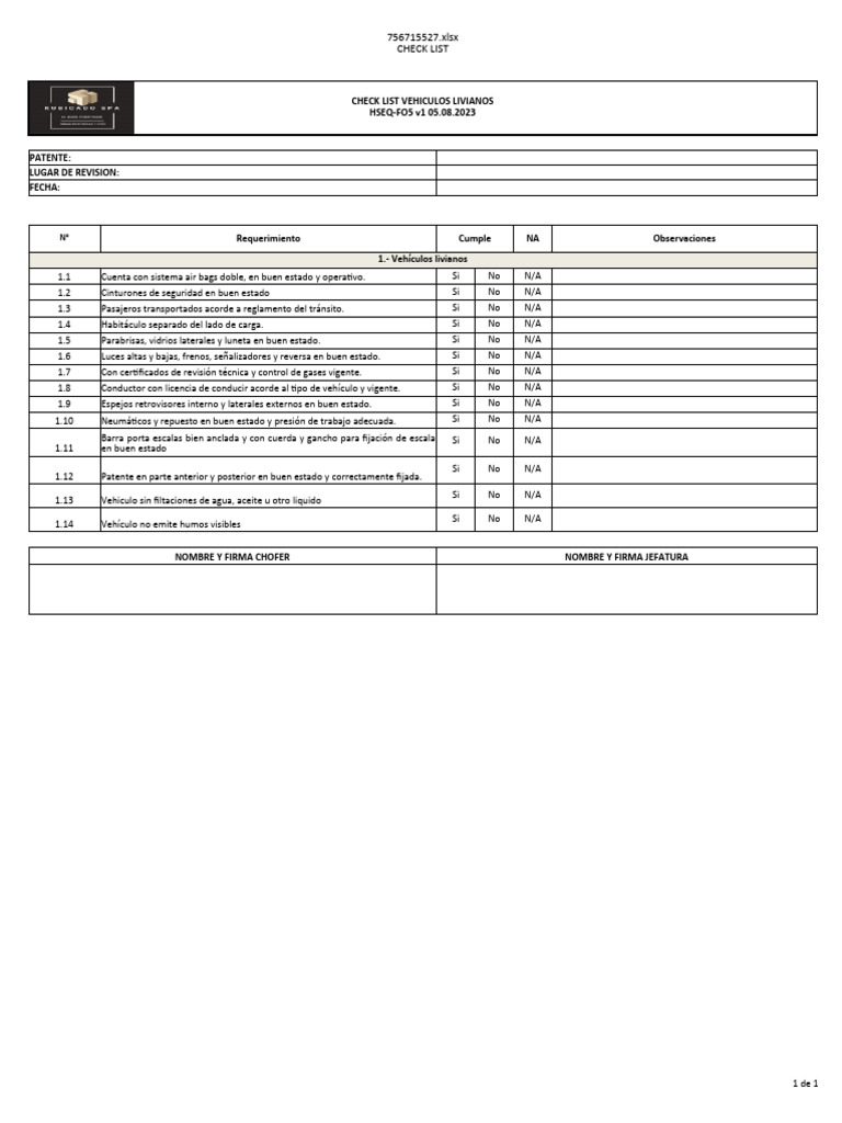 HSEQ-FO5 v02 Check List Vehículos Livianos | PDF | Coche | Vehículos ...