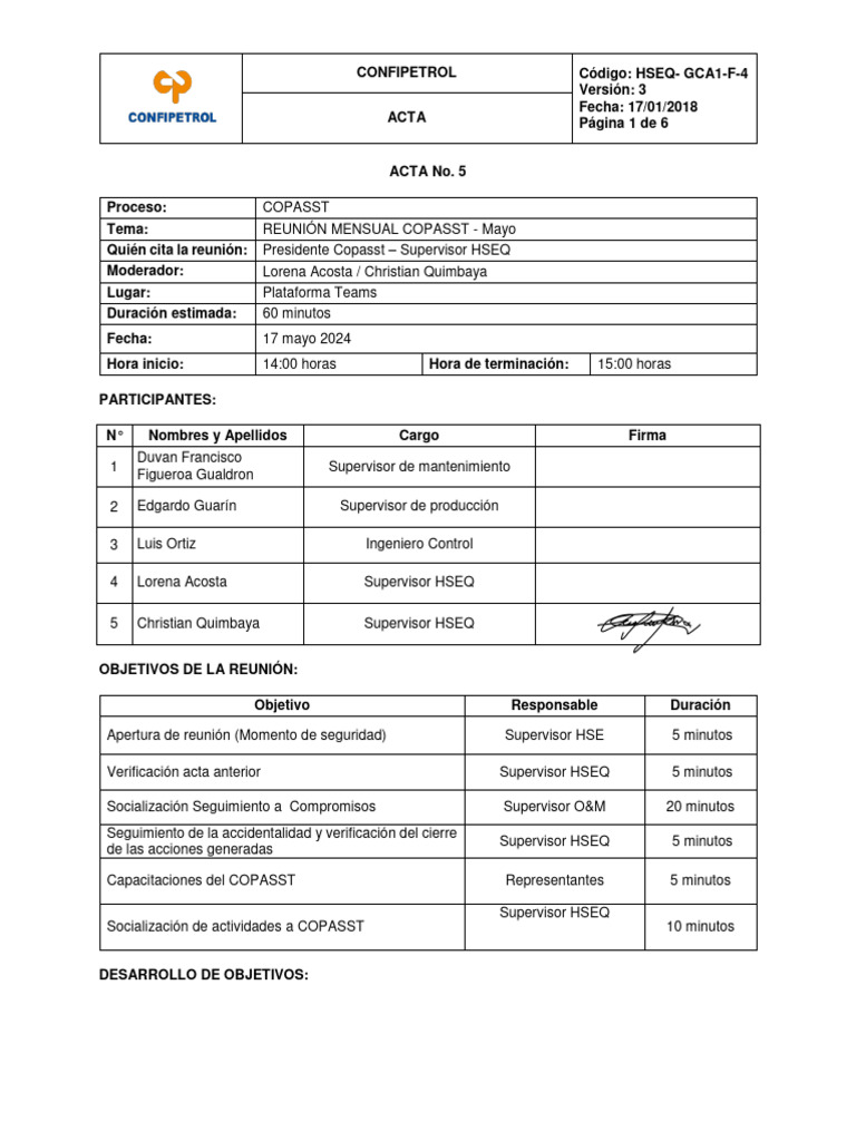 Acta Reunión Mensual COPASST Mayo 2024 | PDF