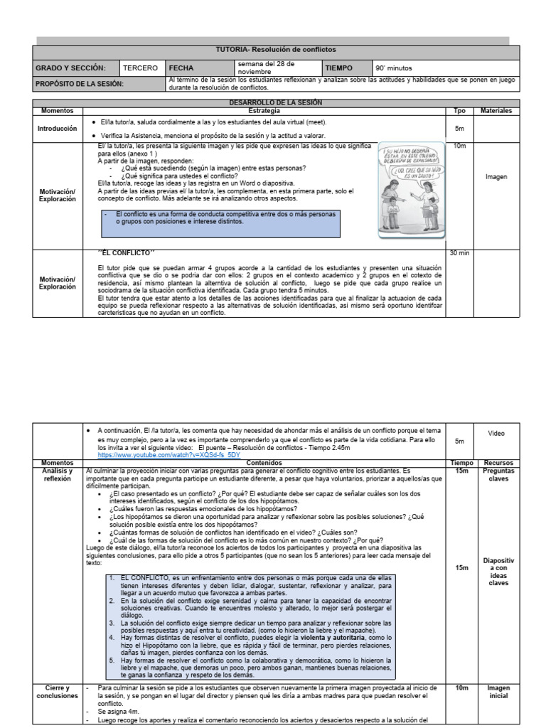 SESION TUTORIA - Resolución de Conflictos-3° | PDF