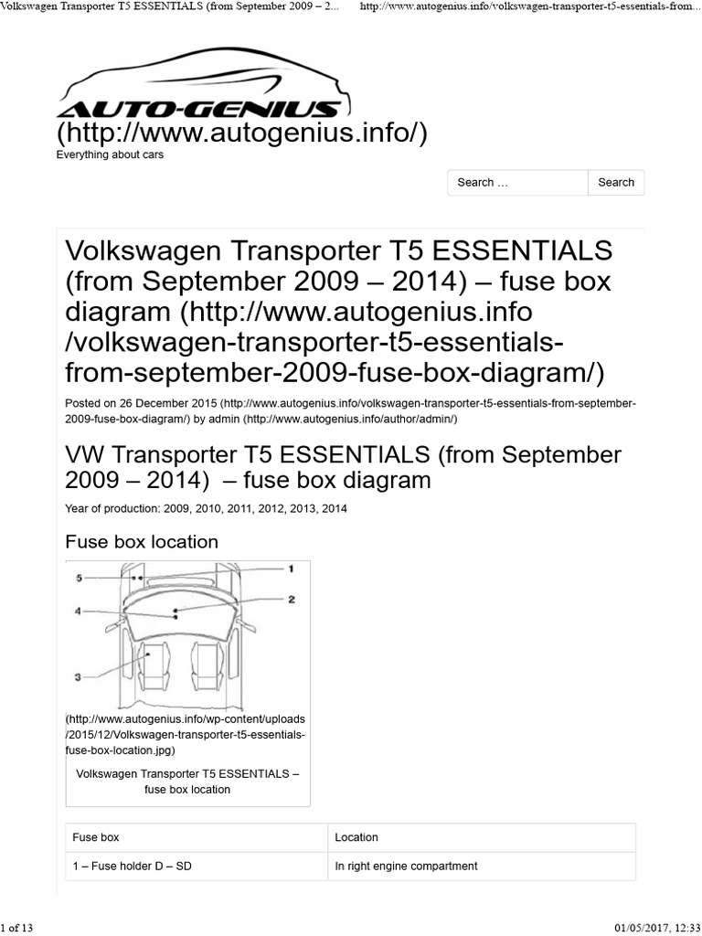 VW Transporter T5 Fuse Box Diagram | PDF | Fuse (Electrical) | Headlamp