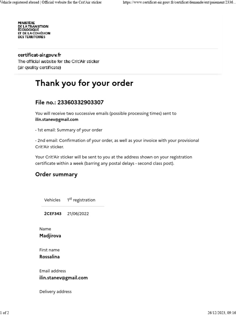 Crit'Air Sticker Order Confirmation | PDF | Mail | Written Communication