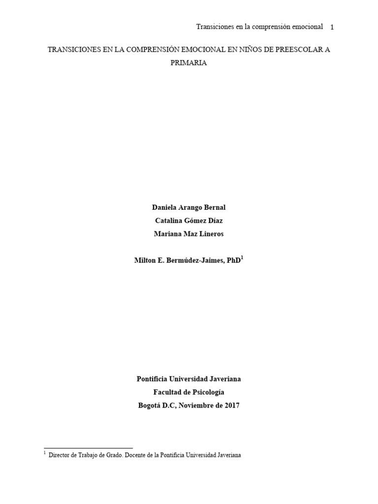 Transiciones en La Comprensión Emocional en Niños de Preescolar A ...