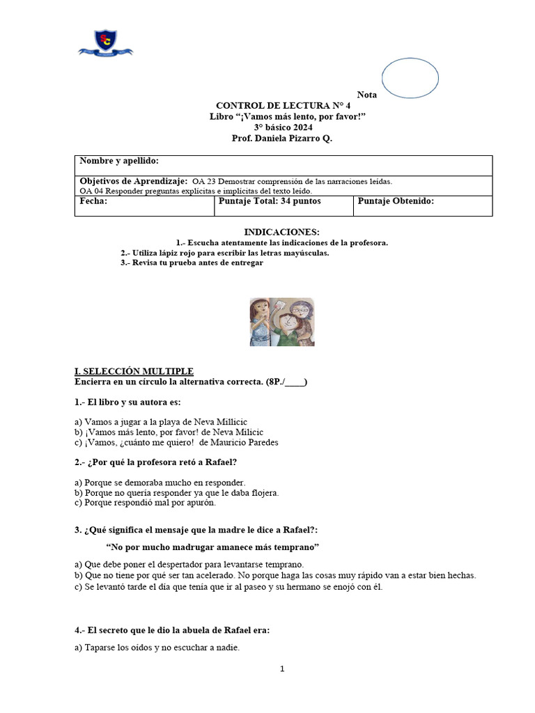 Control de Lectura 4 Vamos Mas Lento, Por Favor | PDF | Artes del ...