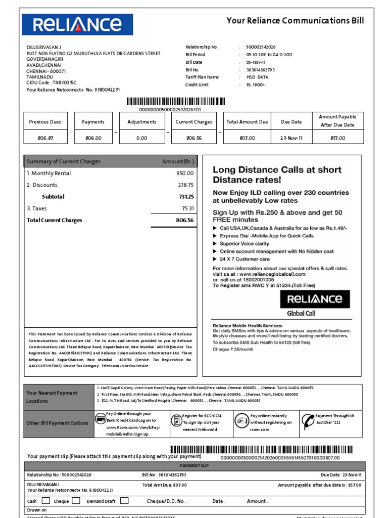 Reliance Netconnect Bill Nov 2011 | PDF | Cheque | Fee