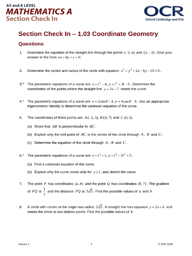 OCR A Level Mathematics A: 1.03 Coordinate Geometry Section Check in ...