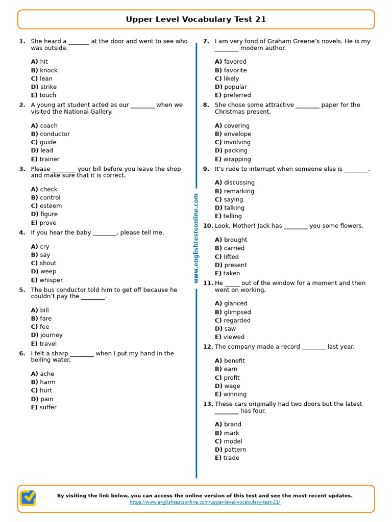 307 Upper Level Vocabulary Test 21 Englishtestsonlinecom | PDF